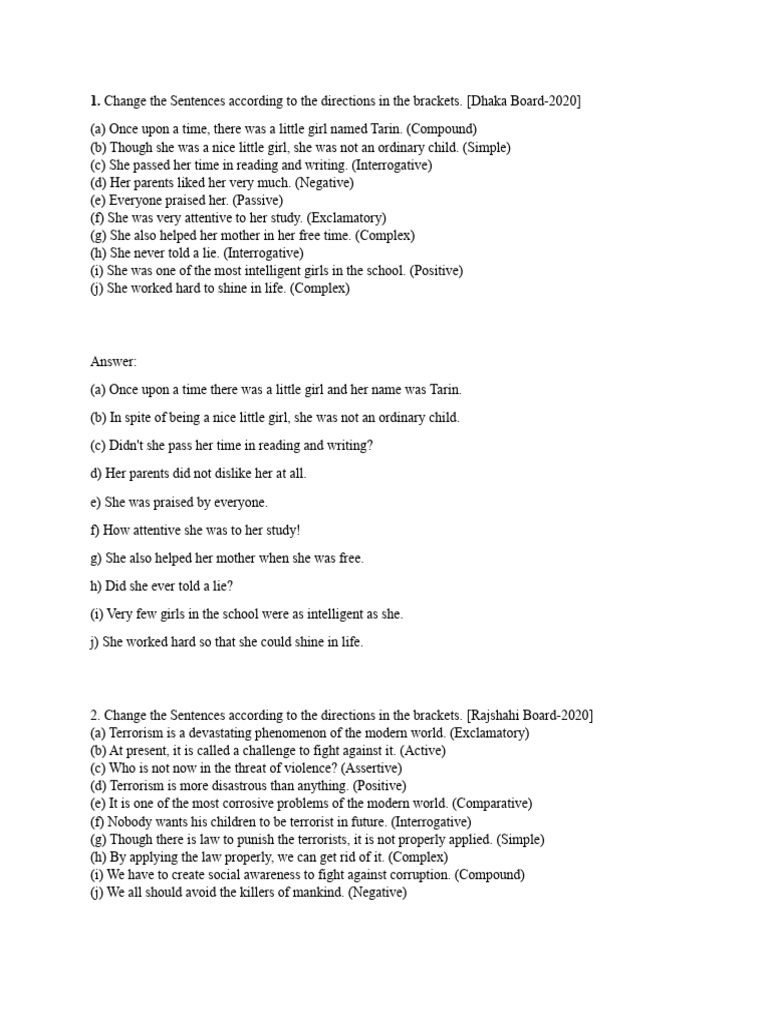 Changing Sentence Exercise ans | PDF