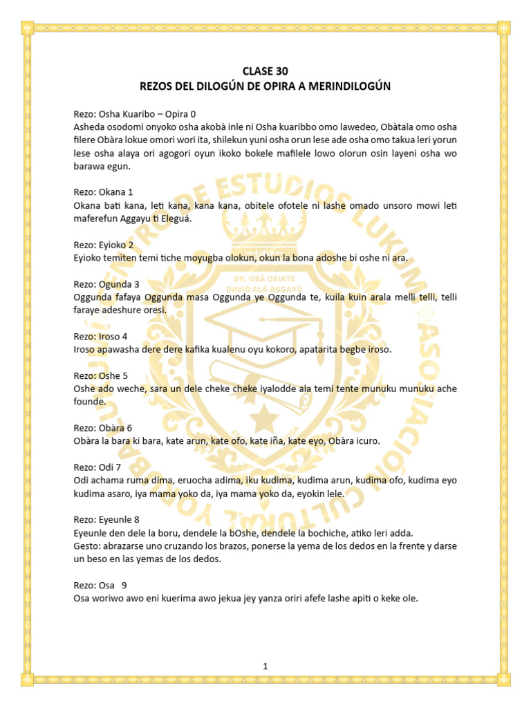 Clase 30 Rezos Del Dilogún de Opira A Merindilogún | PDF