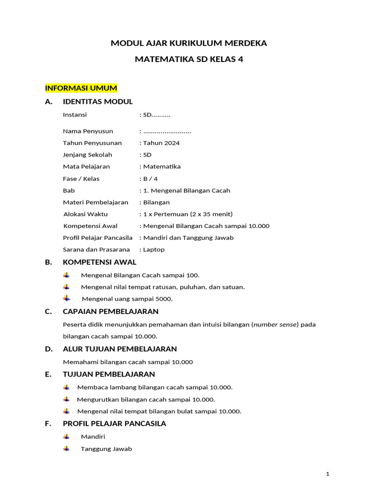 Modul Ajar MTK Kelas 4 Bil Cacah Sampai 10.000 | PDF