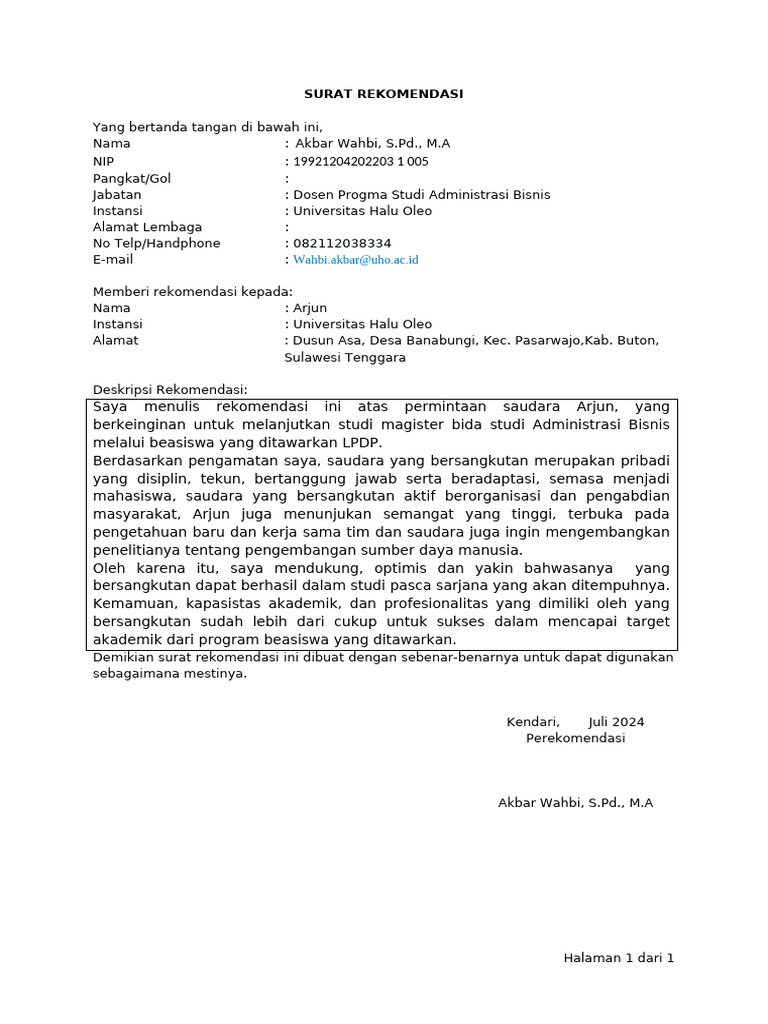 (Template) Surat Rekomendasi LPDP | PDF