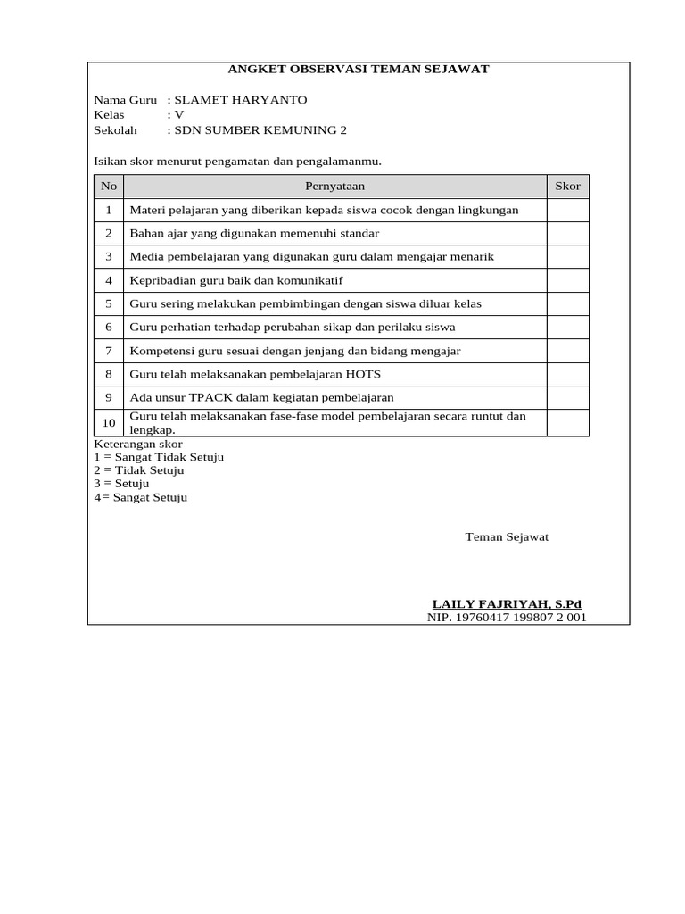 Angket Observasi Teman Sejawat | PDF