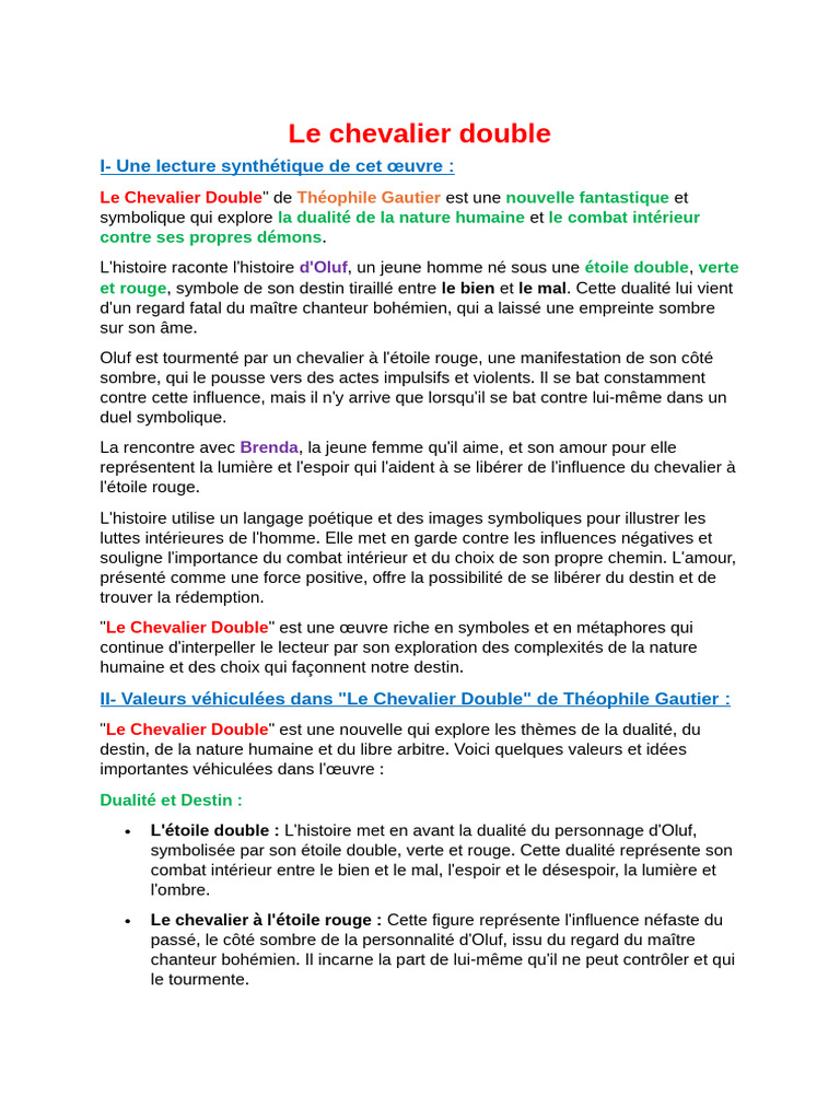 Analyse de L'oeuvre-Le Chevalier Double-Théophile Gautier-Appui 4 | PDF