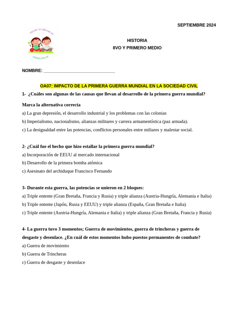 2024 - Prueba Historia Septiembre - 8vo y 1ro Medio | PDF