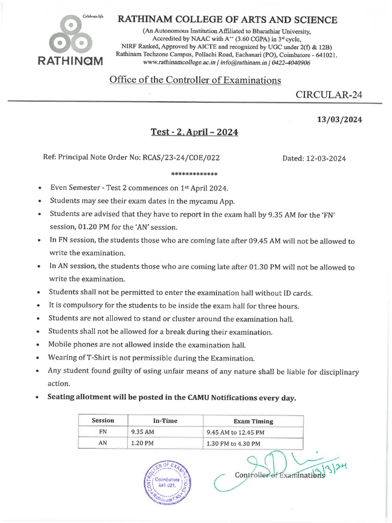 CoE - Circular - 24 - CIA Test 2 | PDF