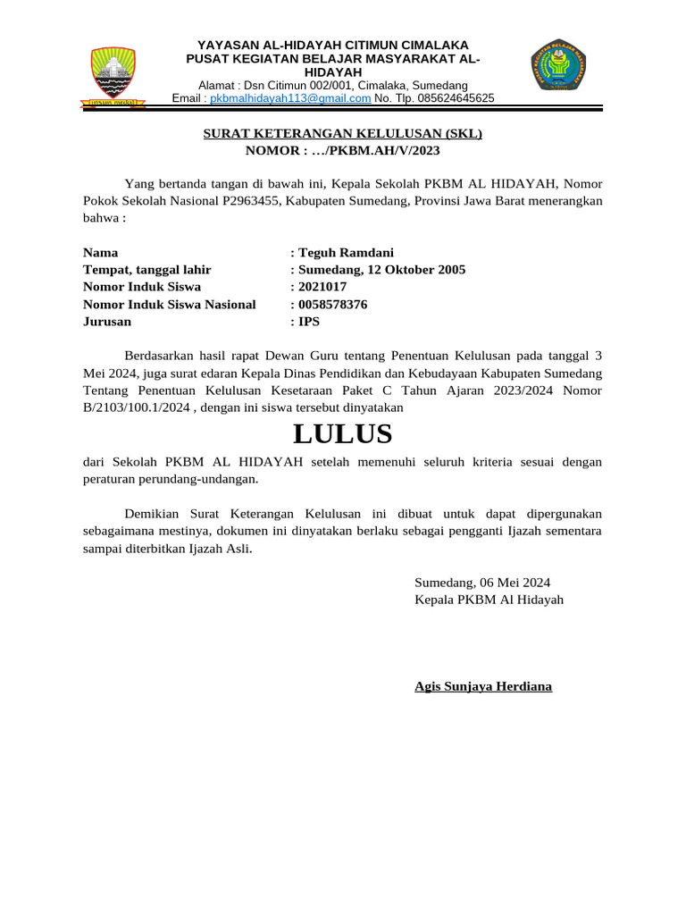 Lulus: Surat Keterangan Kelulusan (SKL) NOMOR: /PKBM - AH/V/2023 | PDF