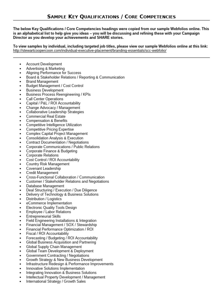 Sample Key Qualifications - Core Competencies | PDF