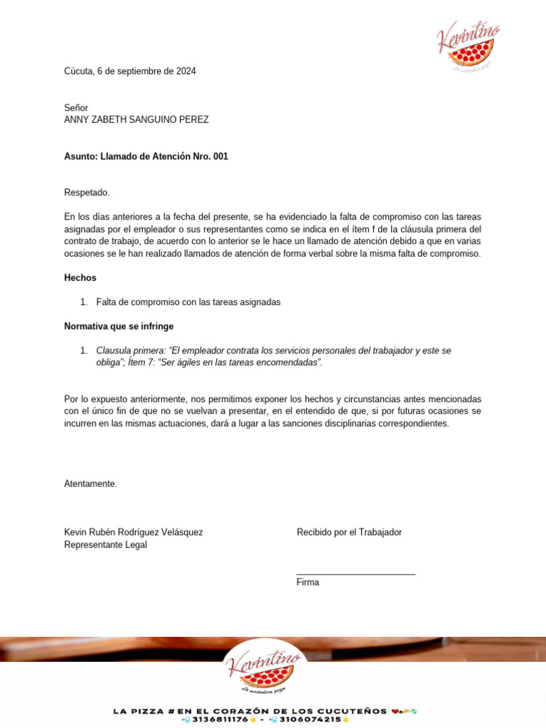 Formato Memorando Llamado de Atencion Laboral | PDF