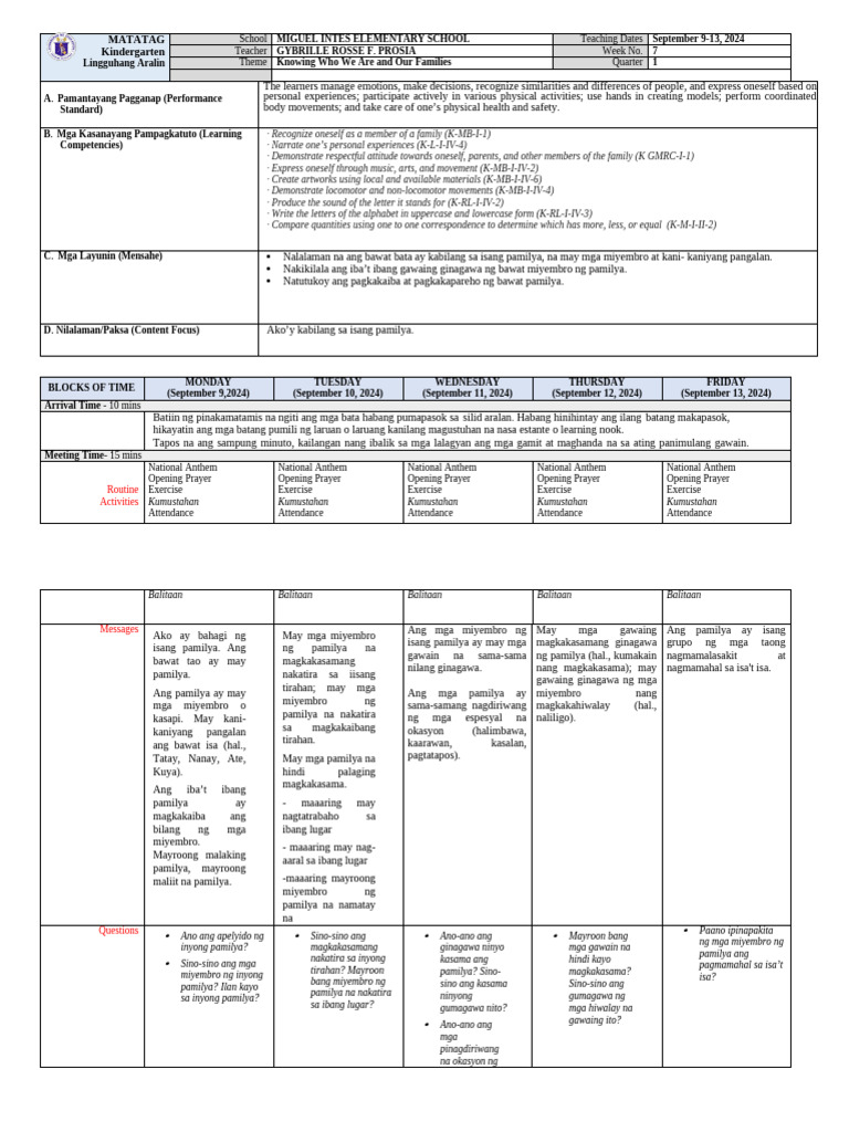Kindergarten DLL Matatag Week 7 | PDF