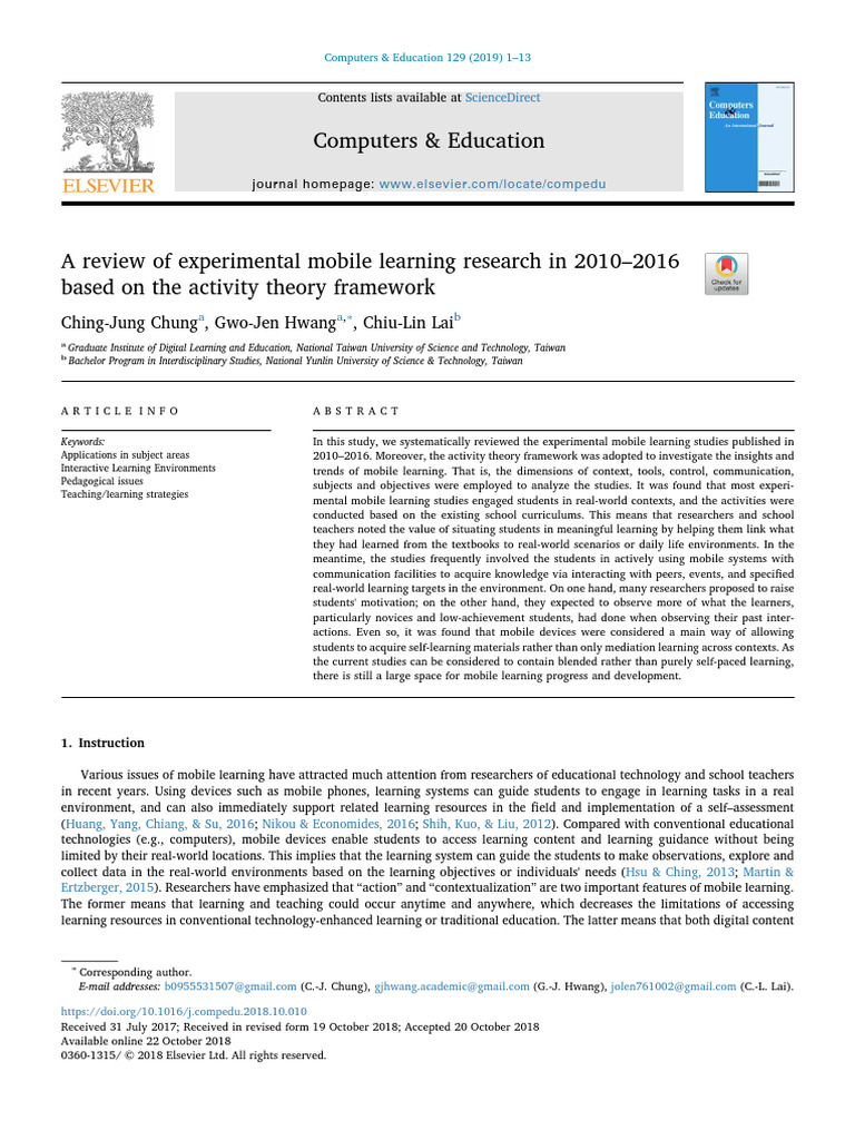A Review Of Experimental Mobile Learning Research In 2010 2016 Based On The Activity Theory