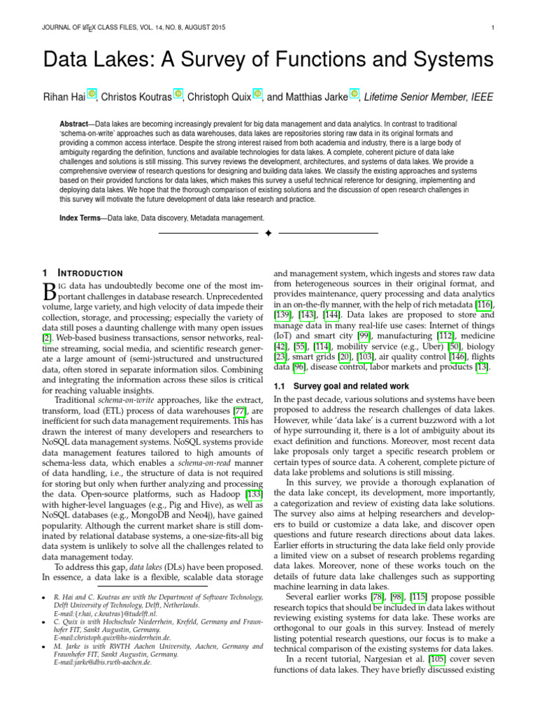 Data Lakes a Survey of Functions and Systems | PDF