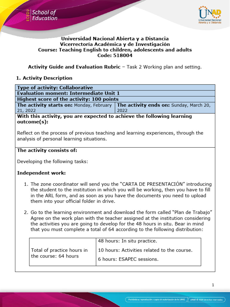 Activity Guide and Evaluation Rubric - Task 2 Working Plan and Setting ...