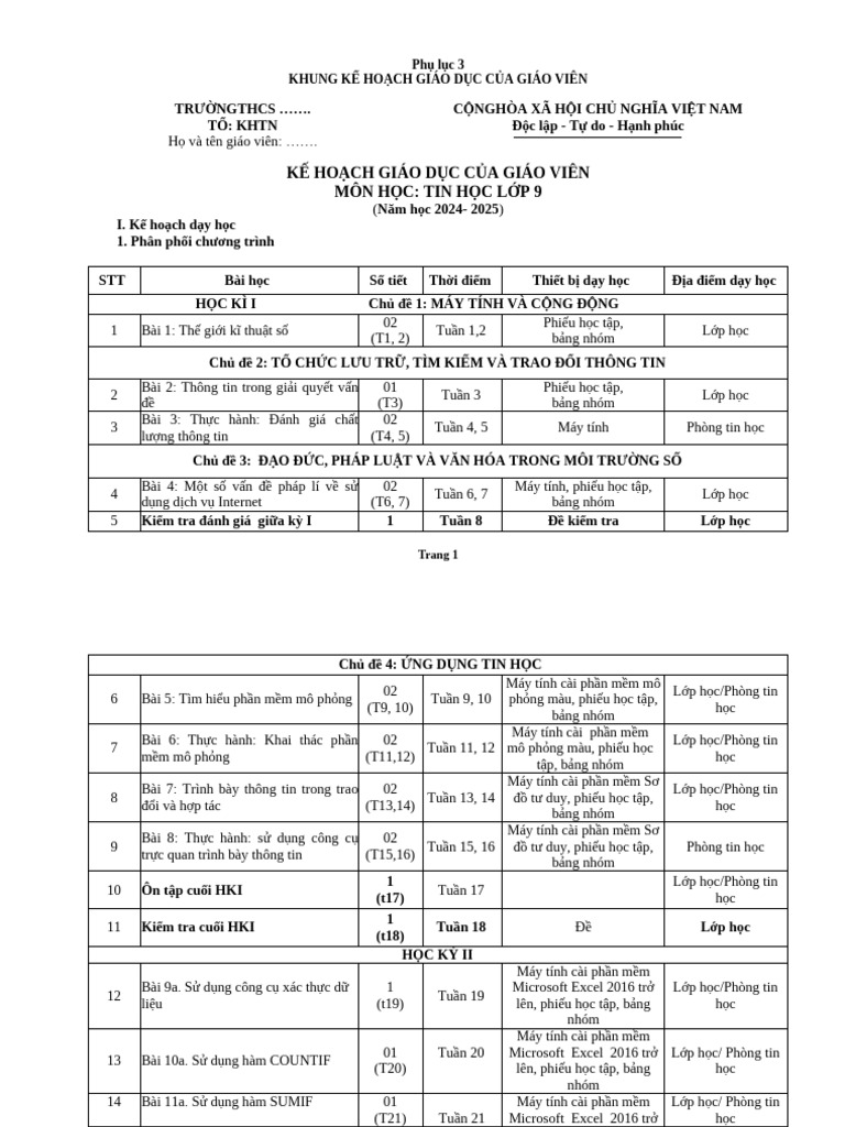 Kế Hoạch Giáo Dục TIN 9 KNTT | PDF