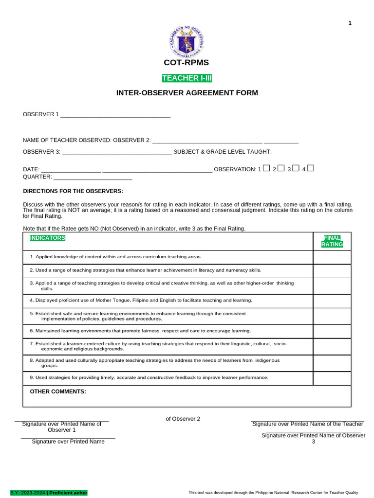 (Appendix C-10) COT-RPMS Inter-Observer Agreement Form For T I-III For SY 2023-2024 | PDF