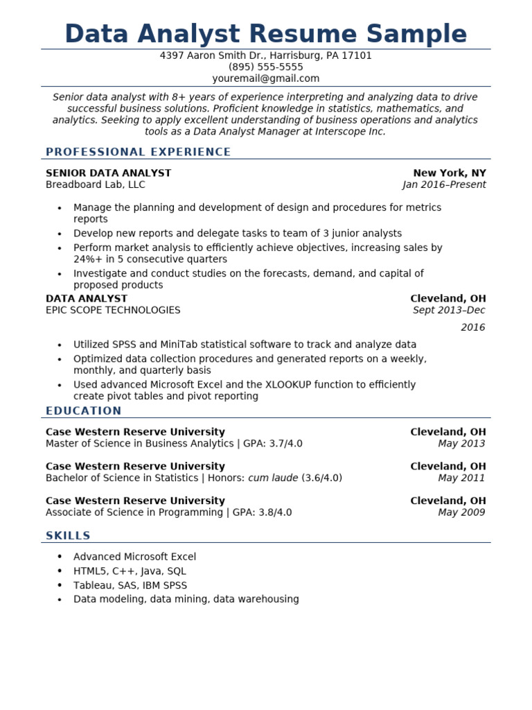 Data Analyst Sample Resume | PDF