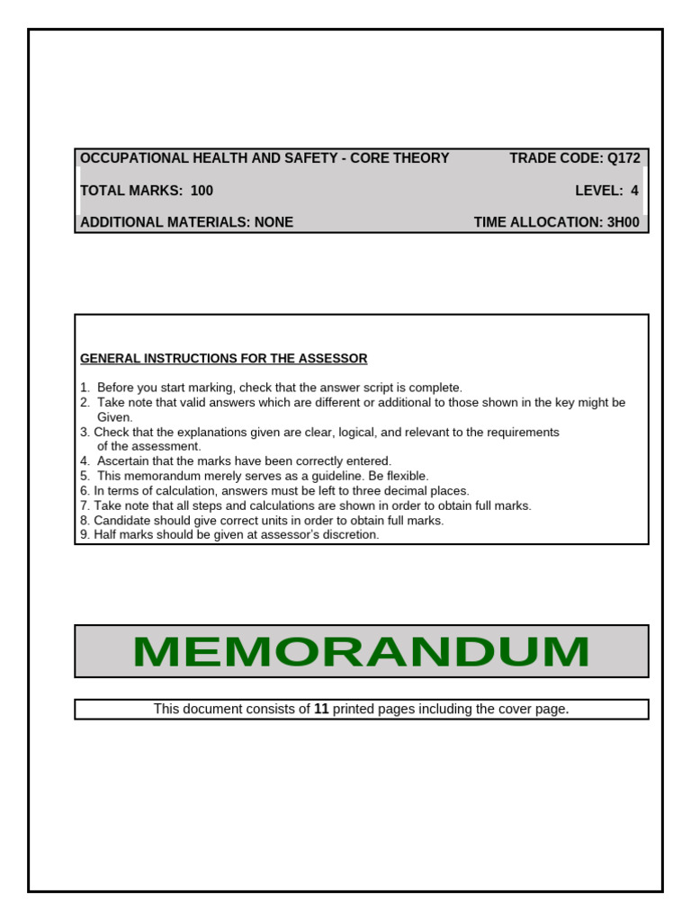 Occupational Health & Safety, Level 4, Theory, Core, Memorandum 2020 3 ...