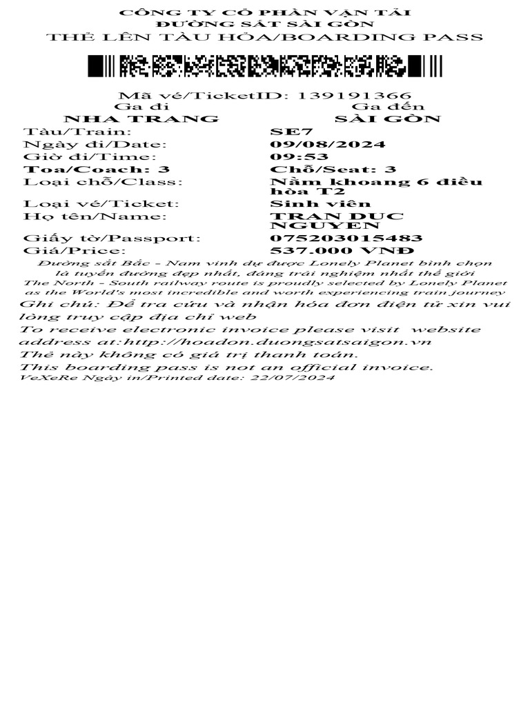 Nha Trang Sài Gòn SE7 09/08/2024 09:53 Toa/Coach: 3 Chỗ/Seat: 3 Nằm khoang 6 điều hòa T2 Sinh ...