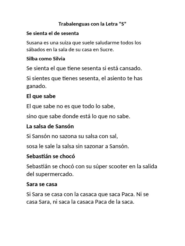 Trabalenguas Con La Letra S | PDF