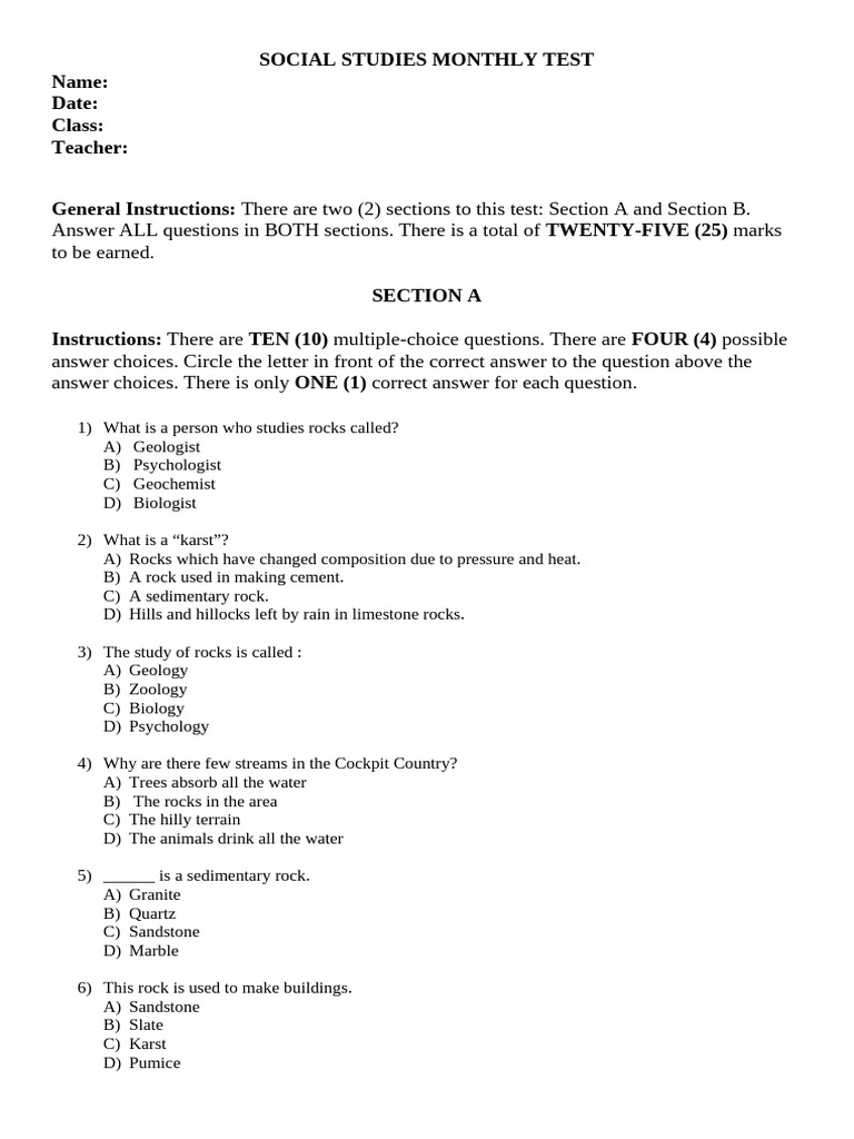 Social Studies Monthly Test | PDF