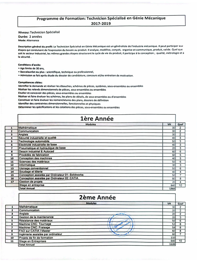 Programme de Formation Bac+2 Technicien Spécialisé Génie Mécanique ...