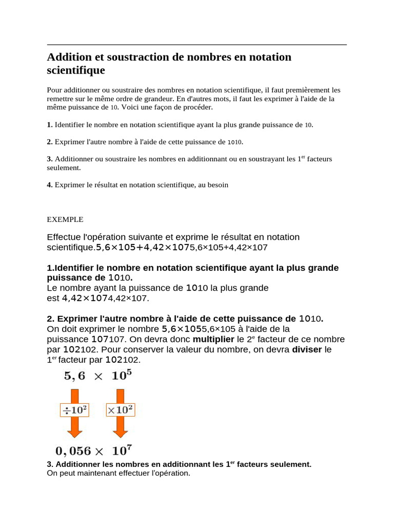 Addition et soustraction de nombres en notation scientifique | PDF