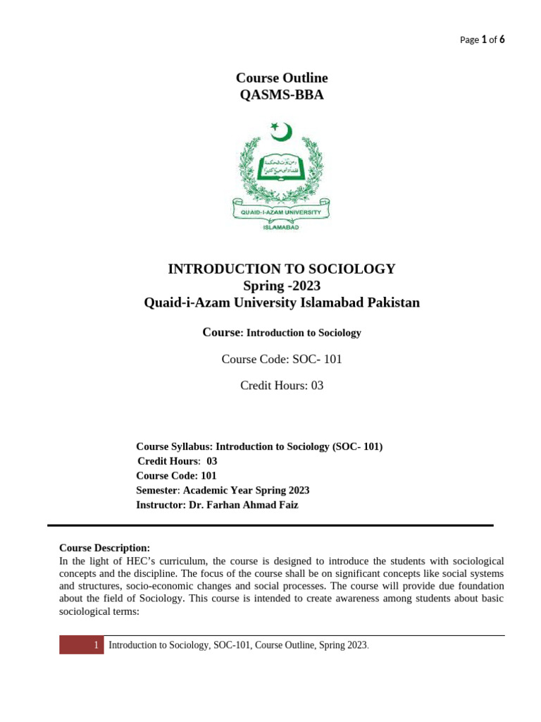 Sociology Outline Spring 2023 QASMS | PDF