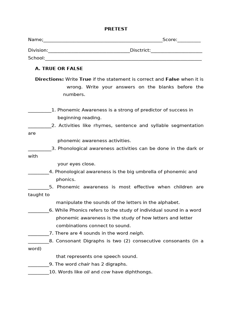 Pretest and Post Test For Div. Literacy Training | PDF