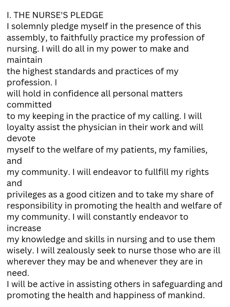 I. The NURSES PLEDGE Solemnly Pledge Myself in The Presence of This ...