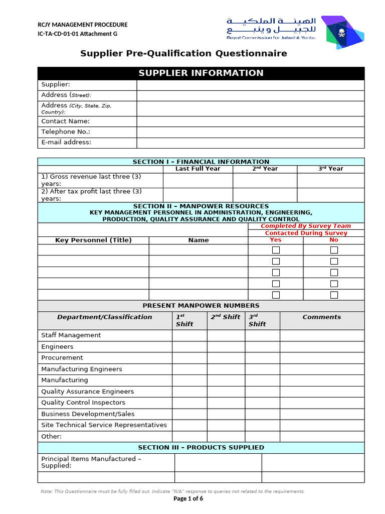 IC-TA-CD-01-01 Attachment G - Supplier Pre-Qualification Questionnaire | PDF