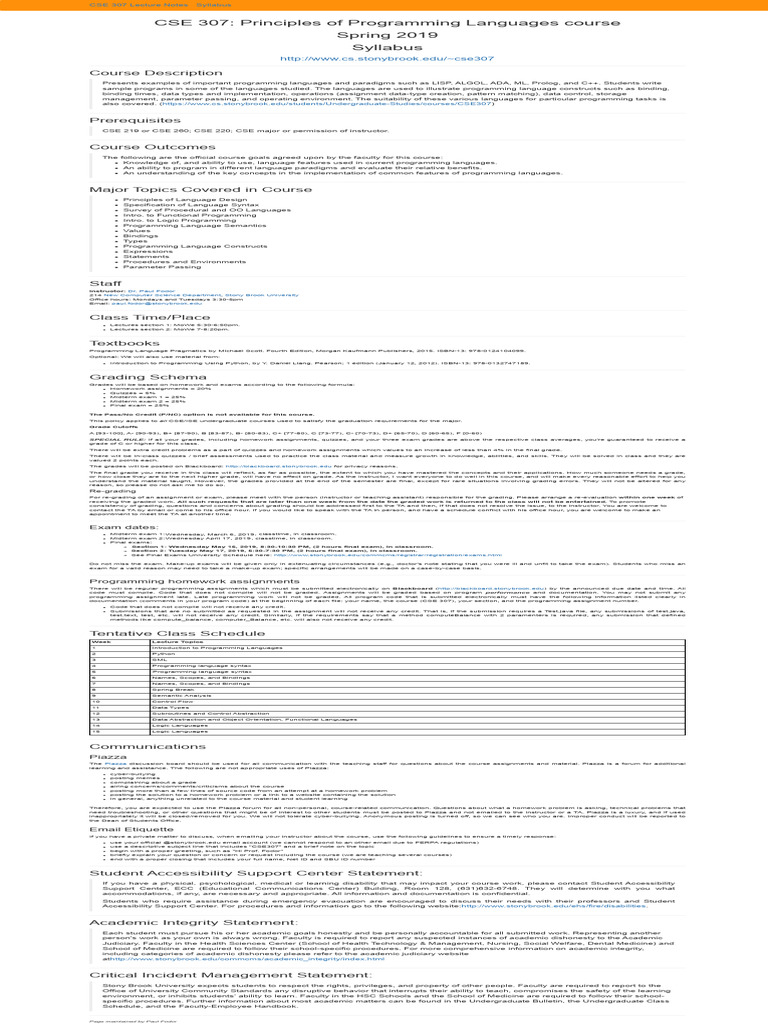 CSE307 - Principles of Programming Languages Course - Syllabus | PDF