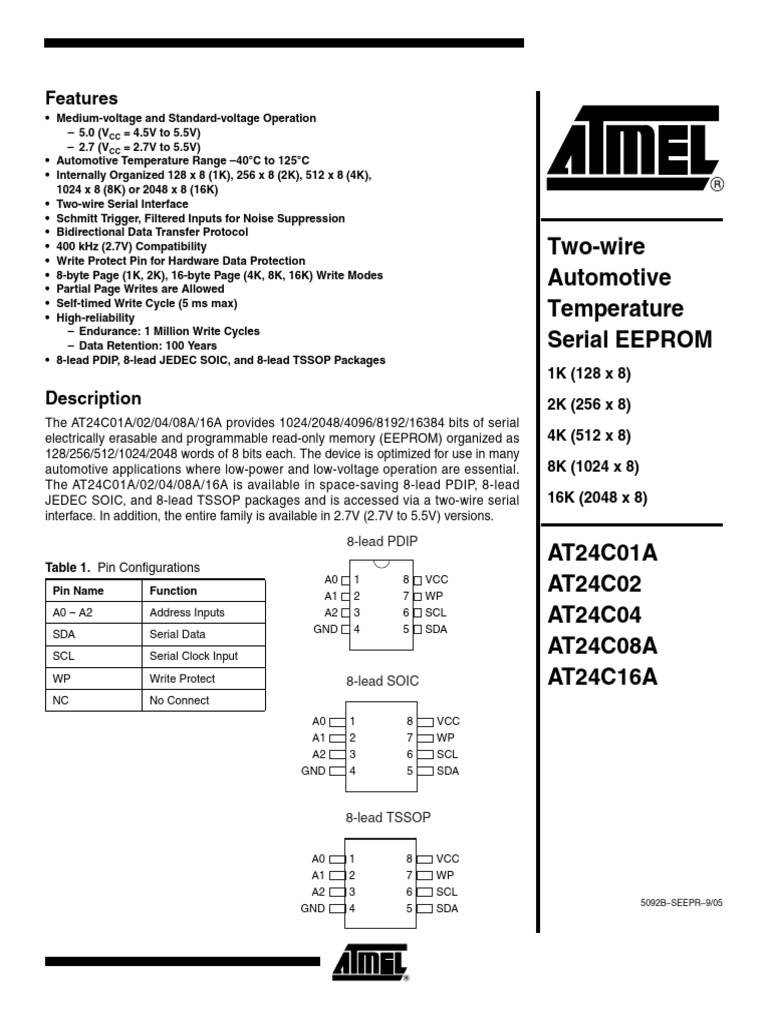 Two-Wire Automotive Temperature Serial EEPROM: Features | PDF