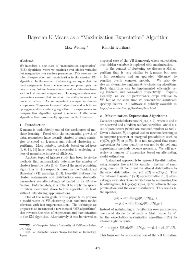 Bayesian K-Means As A "Maximization-Expectation" Algorithm - Max Welling, Kenichi Kurihara | PDF