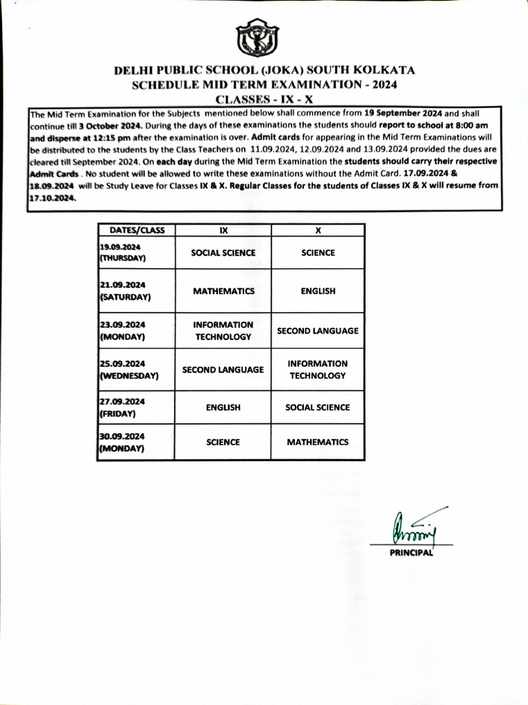 Mid Term Date Sheet - Class IX & X | PDF