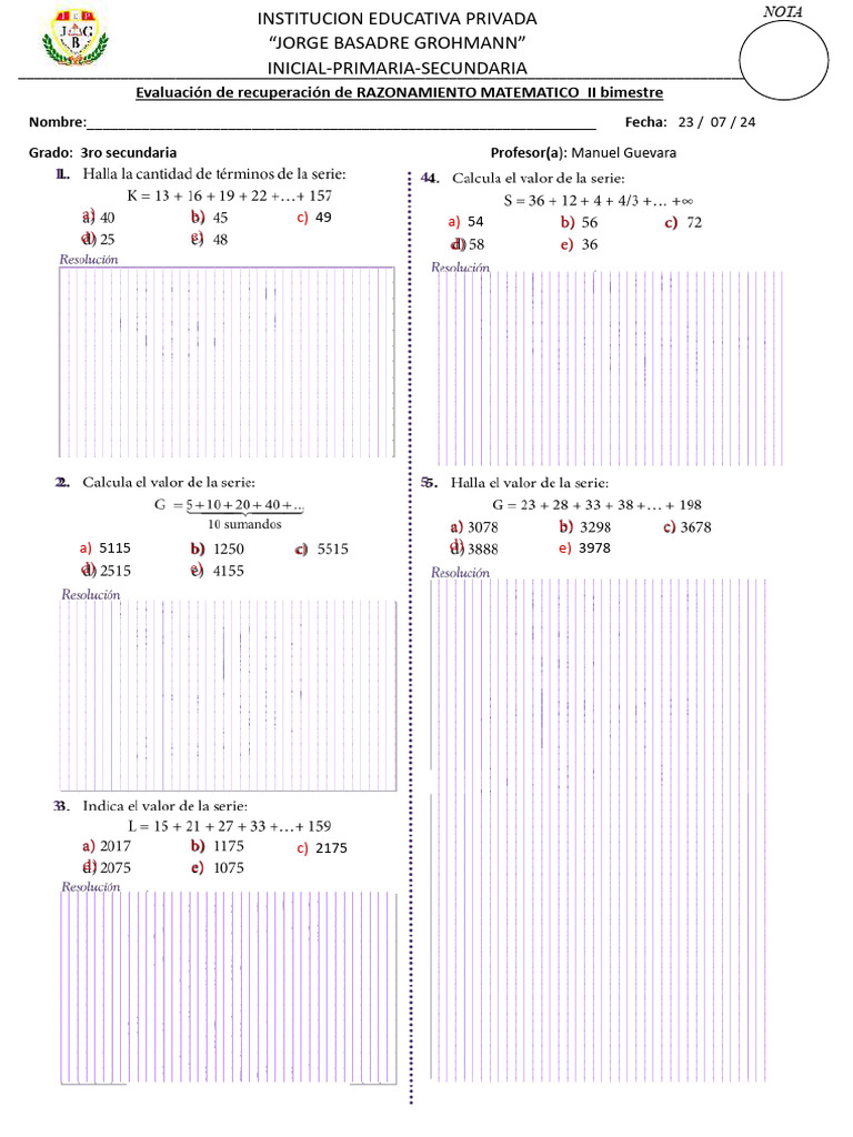Examen de Recuperacion 3ro de Secundaria RM | PDF