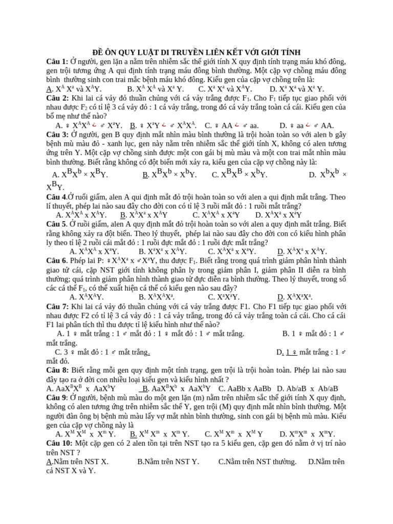 ĐỀ ÔN QUY LUẬT DI TRUYỀN LIÊN KẾT VỚI GIỚI TÍN1 | PDF