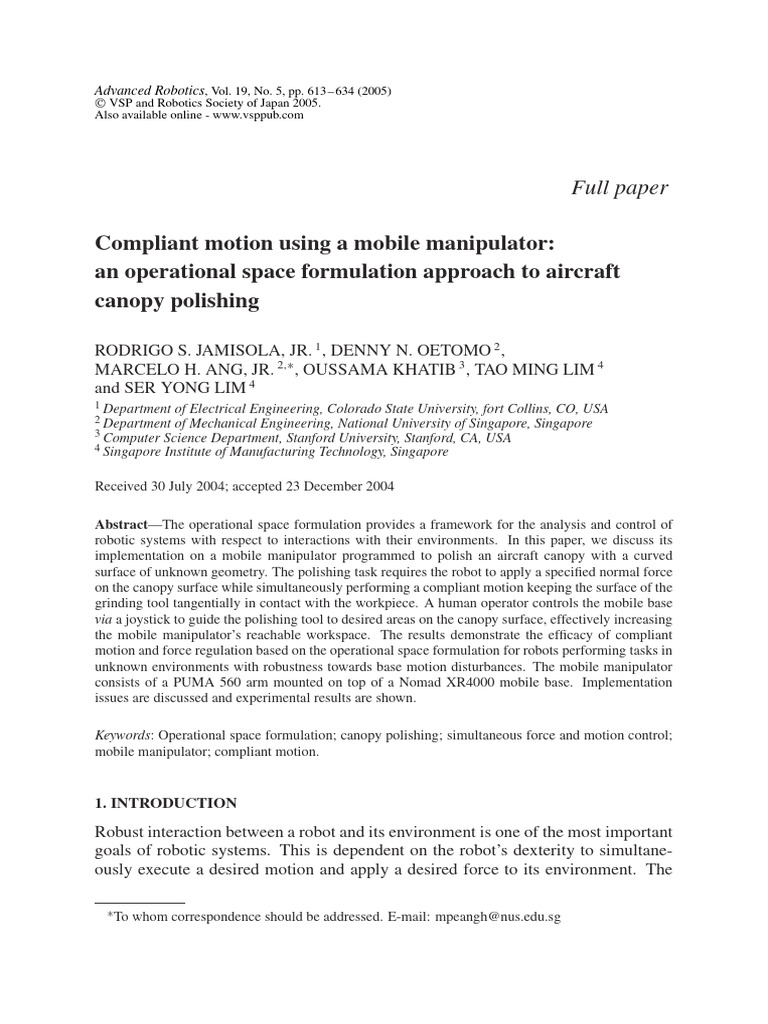 Compliant Motion Using A Mobile Manipulator: An Operational Space ...
