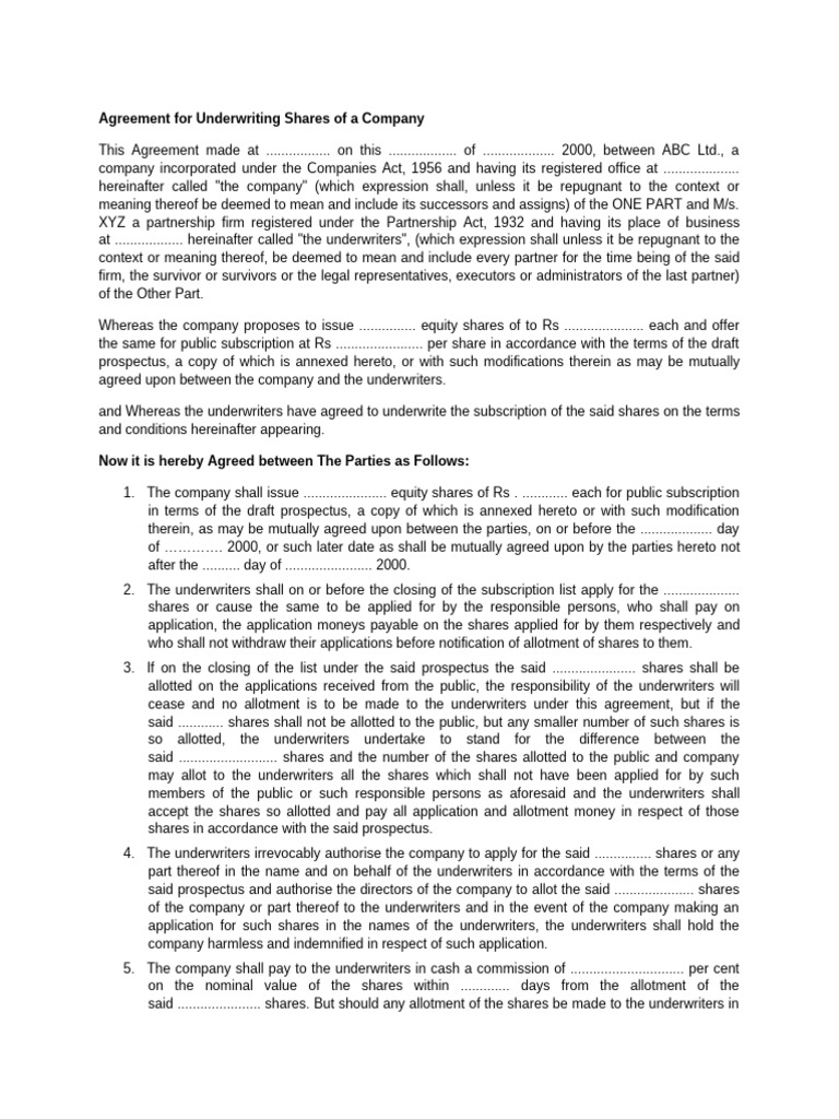 Agreement For Underwriting Shares of A Company | PDF