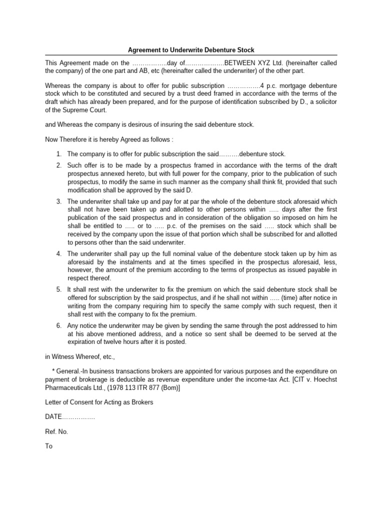 Agreement To Underwrite Debenture Stock | PDF