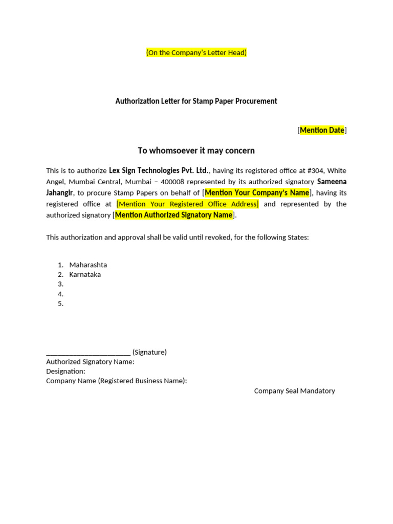 Authorization Letter For Stamp Paper Procurement | PDF