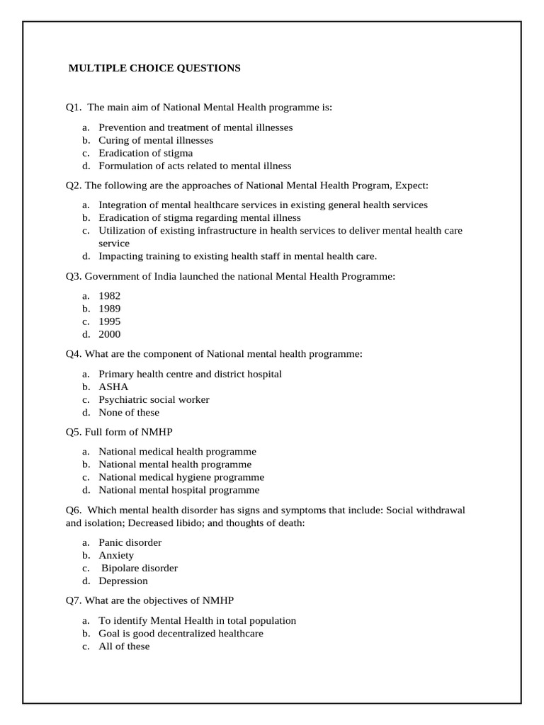 MULTIPLE CHOICE QUESTIONS On NMHP | PDF
