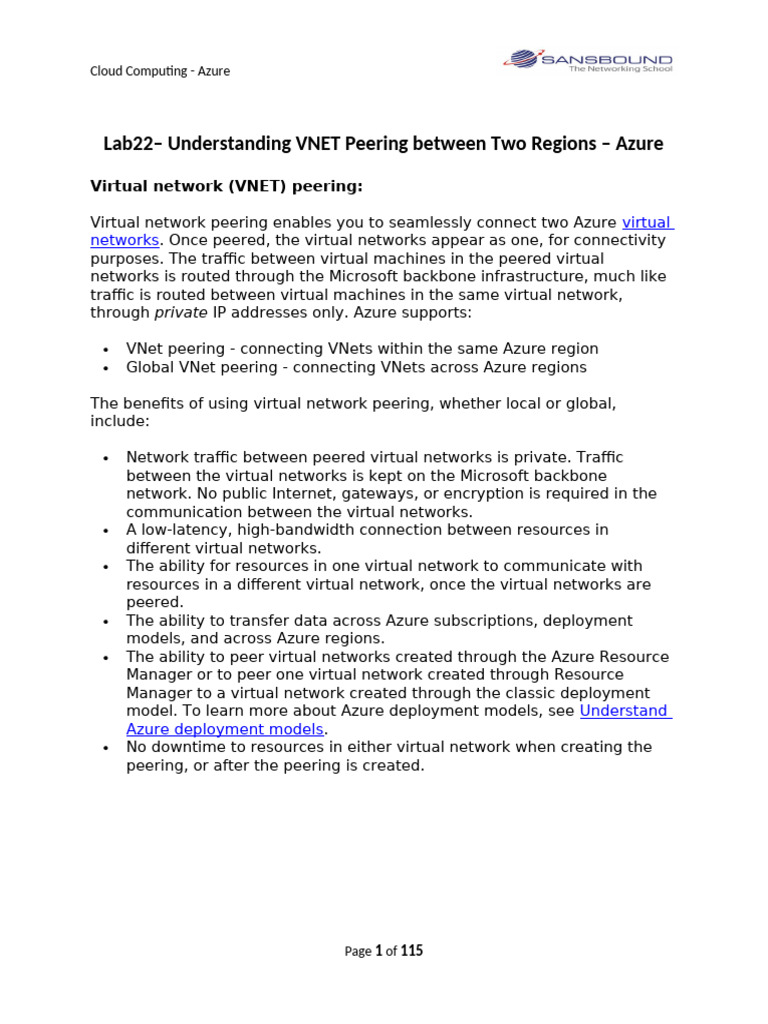 Lab22 - Understanding VNET Peering Between Two VNets in Different Region - Azure | PDF
