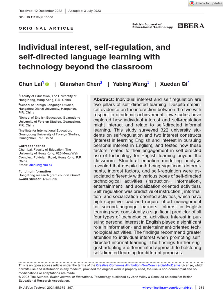 Brit J Educational Tech - 2023 - Lai - Individual Interest Self ...