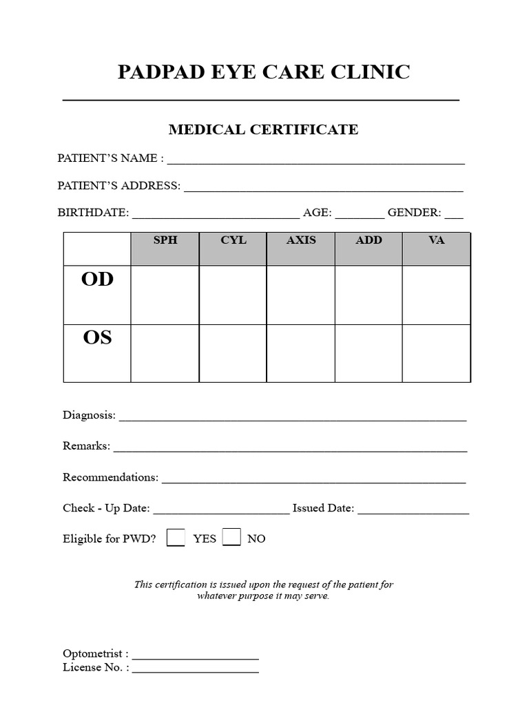 Padpad Eye Care Clinic Med Cert | PDF