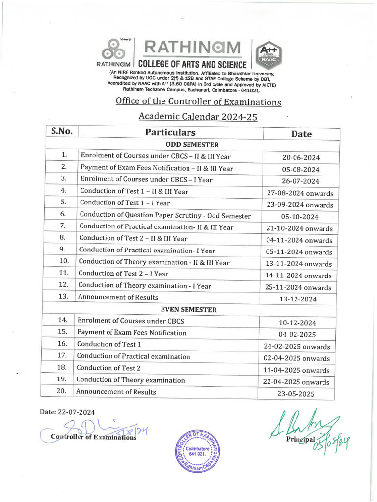 CoE - Academic Calender - 2024-25 | PDF