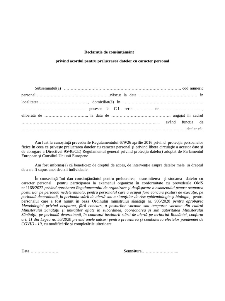 Declaratie de Consimtamant GDPR Examen | PDF