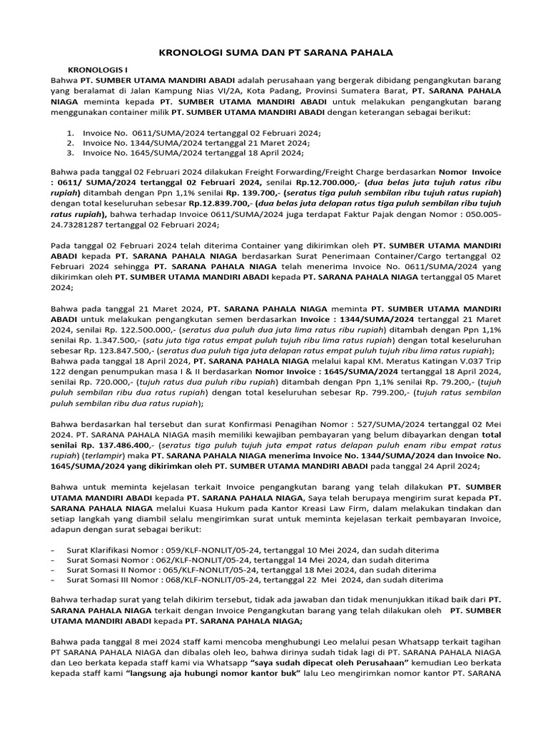 Kronologi Suma - Sarana Pahala Niaga Dan Topan | PDF