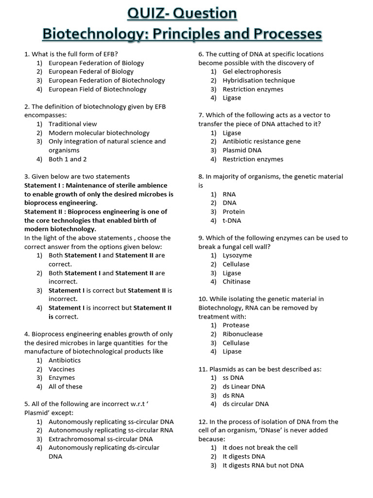 Bio Technology Priinciple & Process Quiz | PDF