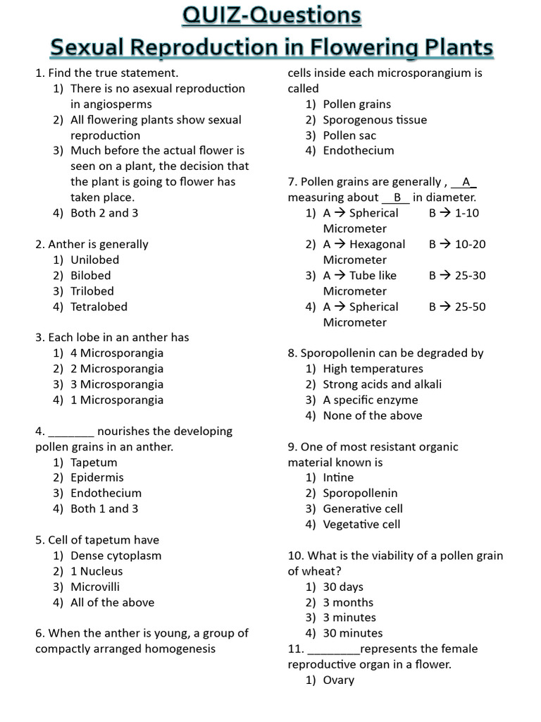 Sexual Reproduction in Flowring Plants Quiz | PDF