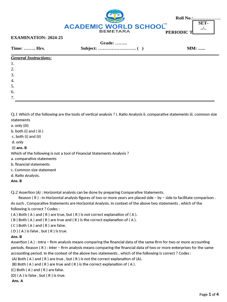 Periodic Test I Examination IX X & XII Question Paper Format | PDF
