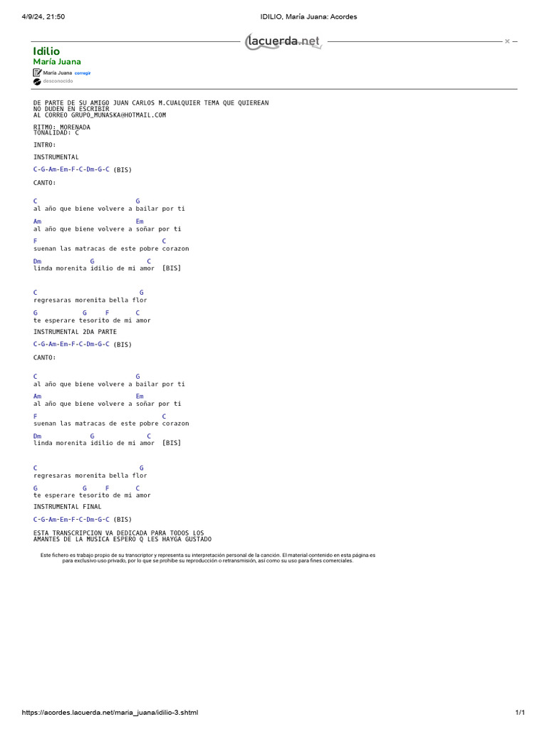 Acordes y letra de "Idilio" | PDF