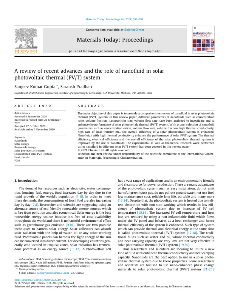 A Review of Recent Advances and The Role of Nanofluid in Solar ...
